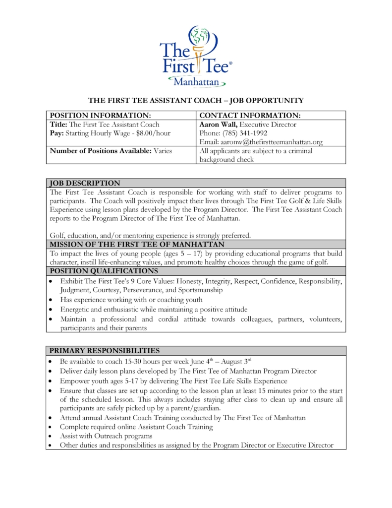 Assistant Coach Job Description Page 001 - First Tee - Manhattan